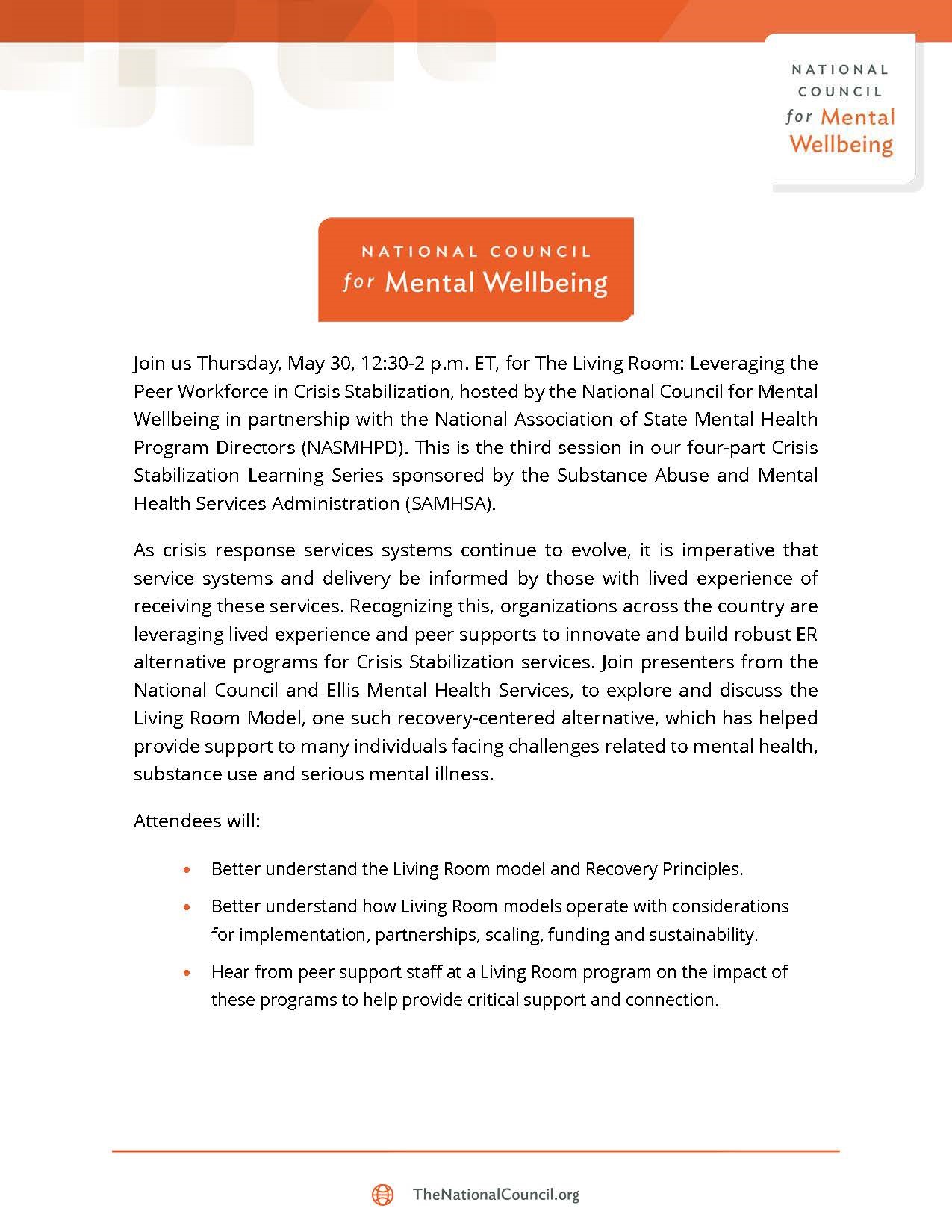 May 30: Leveraging the Peer Workforce in Crisis Stabilization SAMHSA ...